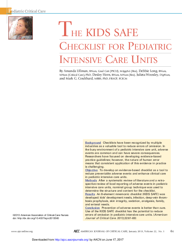 (PDF) The KIDS SAFE Checklist for Pediatric Intensive Care Units