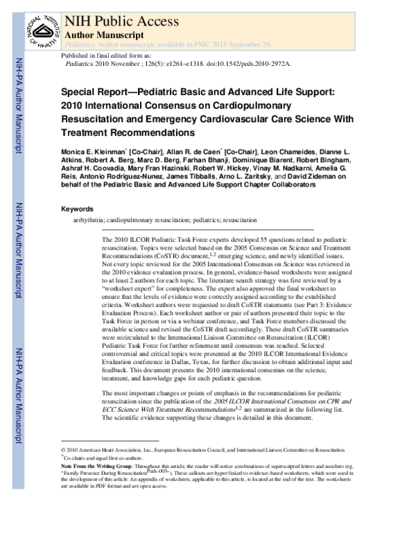 (PDF) Pediatric Basic and Advanced Life Support: 2010 International Consensus on Cardiopulmonary ...