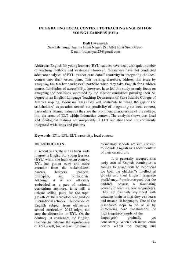 (PDF) Integrating Local Context to Teaching English for Young Learners ...