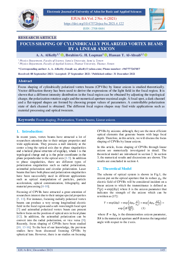 (PDF) FOCUS SHAPING OF CYLINDRICALLY POLARIZED VORTEX BEAMS BY A LINEAR ...