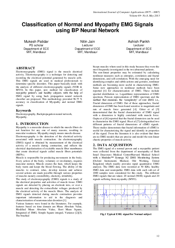 (PDF) Classification of Normal and Myopathy EMG Signals using BP Neural Network | Ashish Parikh ...