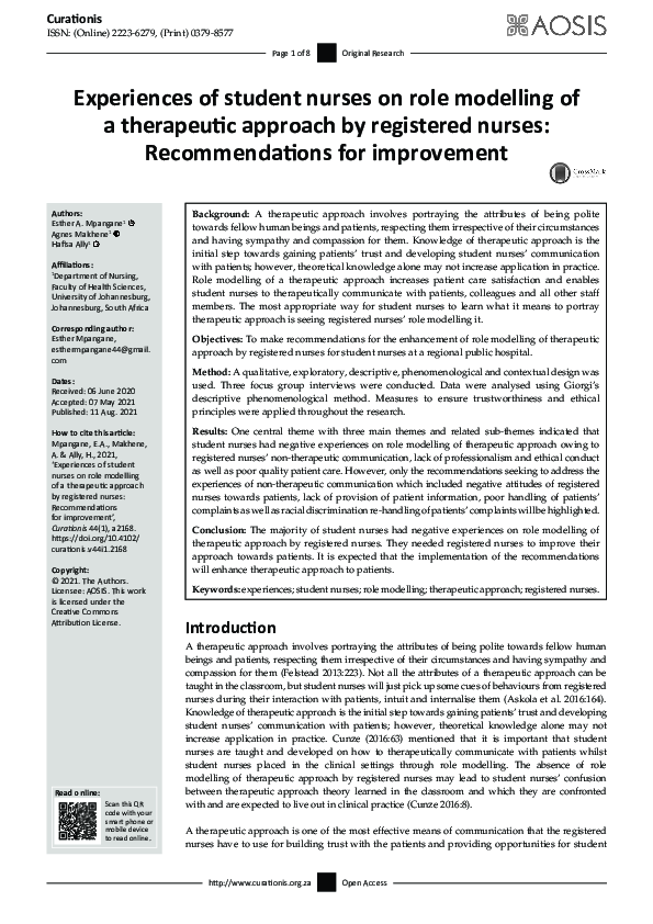 (PDF) Experiences of student nurses on role modelling of a therapeutic ...