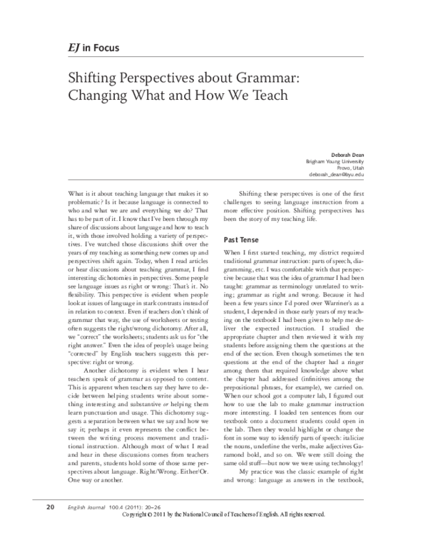 (PDF) Shifting Perspectives about Grammar: Changing What and How We Teach