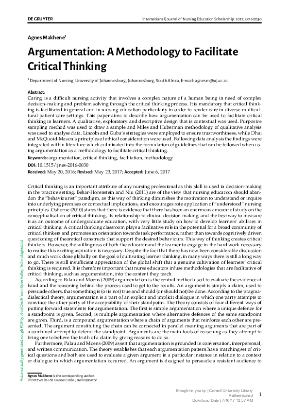 (PDF) Argumentation: A Methodology to Facilitate Critical Thinking