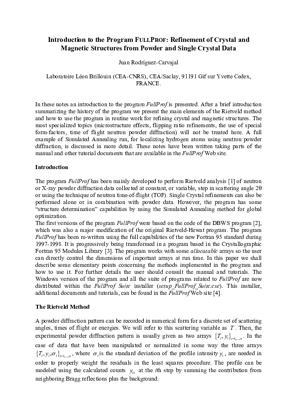 Pdf Introduction To The Program Fullprof Refinement Of Crystal And Magnetic Structures From