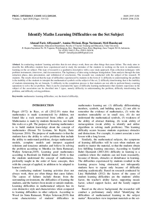 (PDF) Identify Maths Learning Difficulties on the Set Subject | Meli ...