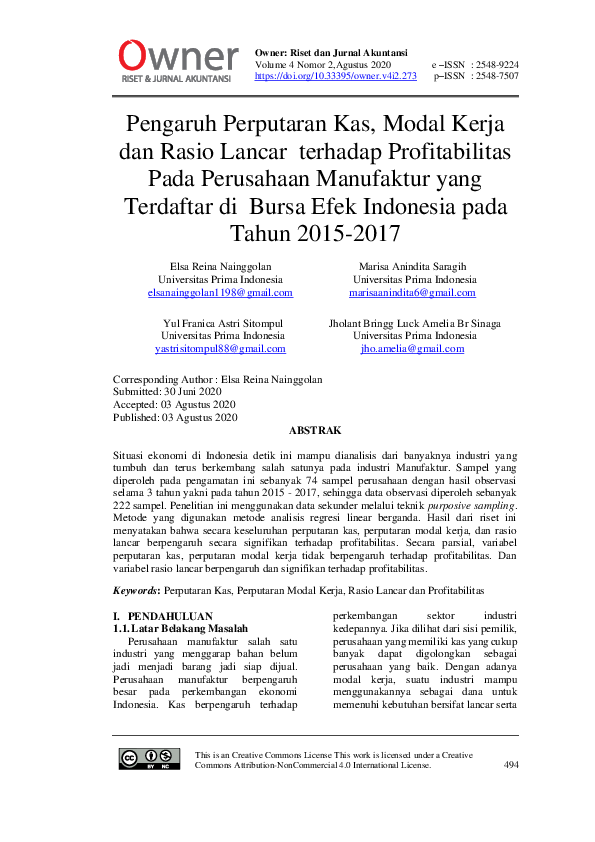 (PDF) Pengaruh Perputaran Kas, Perputaran Modal Kerja Dan Rasio Lancar ...