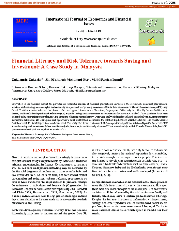 (PDF) Financial literacy and risk tolerance towards saving and ...