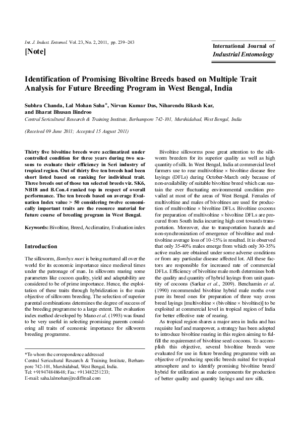 (PDF) Identification of Promising Bivoltine Breeds based on Multiple Trait Analysis for Future ...