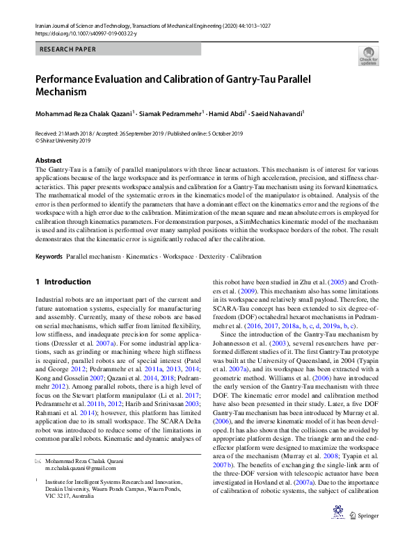 (PDF) Performance Evaluation and Calibration of Gantry-Tau Parallel Mechanism