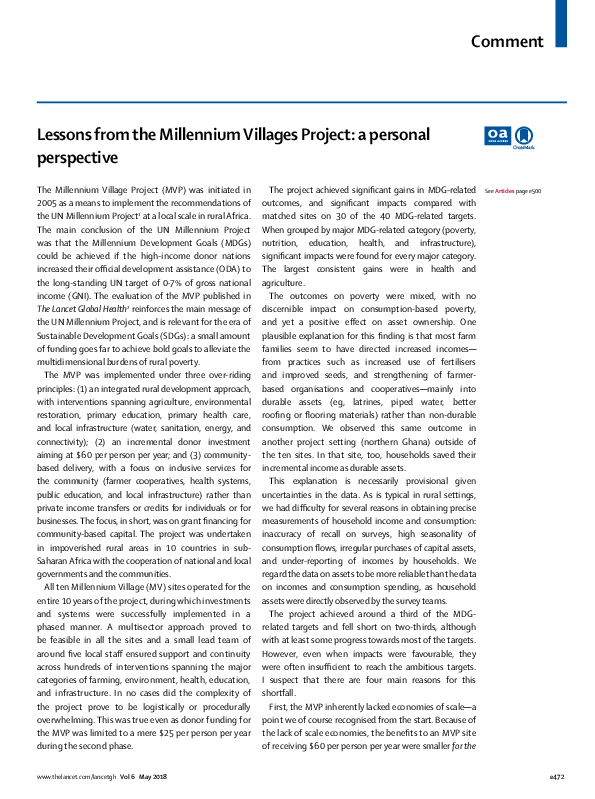(PDF) Lessons from the Millennium Villages Project: a personal perspective
