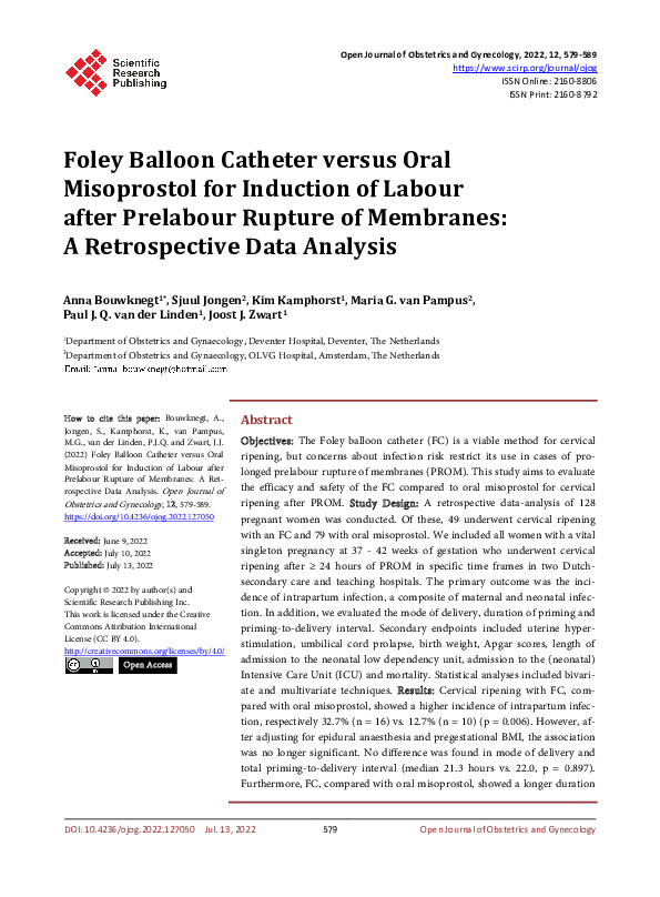 (PDF) Foley Balloon Catheter versus Oral Misoprostol for Induction of ...