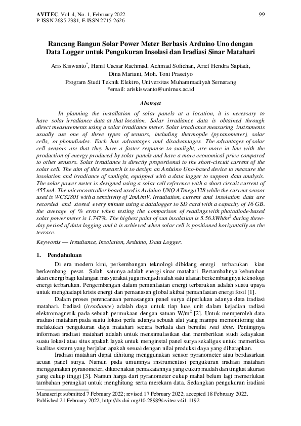 Pdf Rancang Bangun Solar Power Meter Berbasis Arduino Uno Dengan Data Logger Untuk Pengukuran
