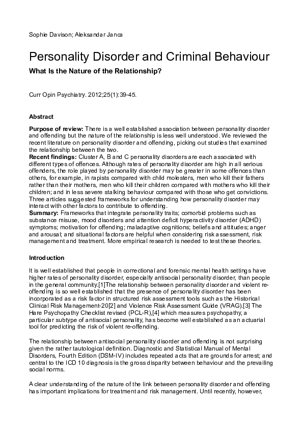 (PDF) Personality disorder and criminal behaviour