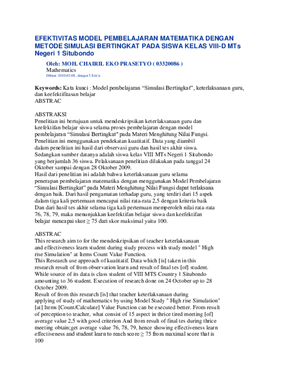 (PDF) EFEKTIVITAS MODEL PEMBELAJARAN MATEMATIKA DENGAN METODE SIMULASI BERTINGKAT PADA SISWA ...