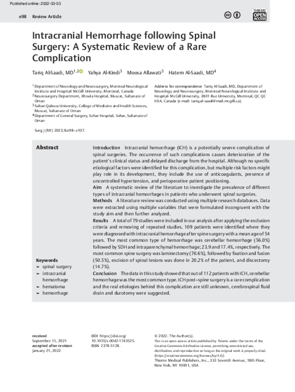(PDF) Intracranial Hemorrhage following Spinal Surgery: A Systematic Review of a Rare Complication