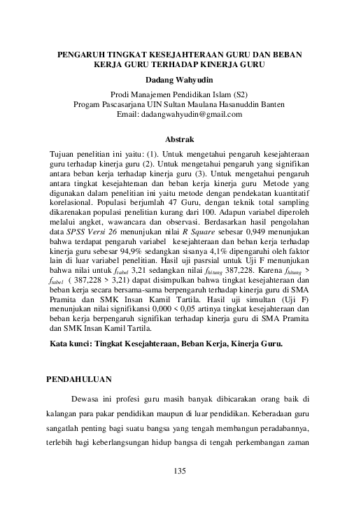 (PDF) Pengaruh Tingkat Kesejahteraan Guru Dan Beban Kerja Guru Terhadap Kinerja Guru