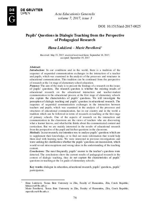 (PDF) Pupils’ Questions in Dialogic Teaching from the Perspective of Pedagogical Research