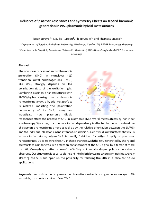(PDF) Influence of Plasmon Resonances and Symmetry Effects on Second Harmonic Generation in ...