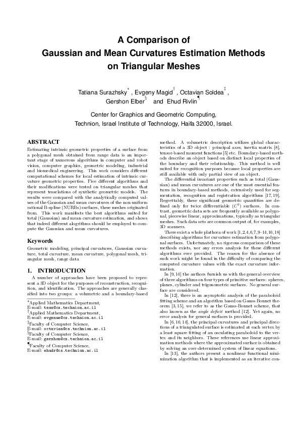 Pdf A Comparison Of Gaussian And Mean Curvatures Estimation Methods On Triangular Meshes O