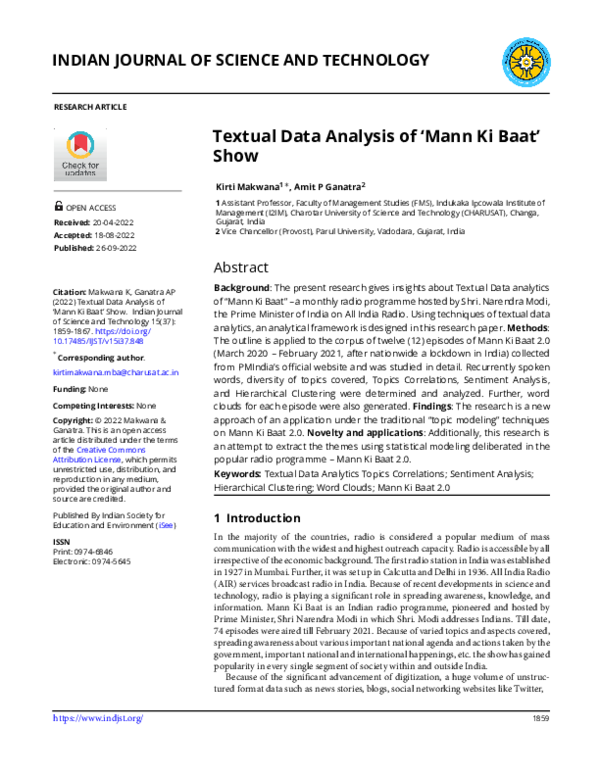 (PDF) Textual Data Analysis of ‘Mann Ki Baat’ Show