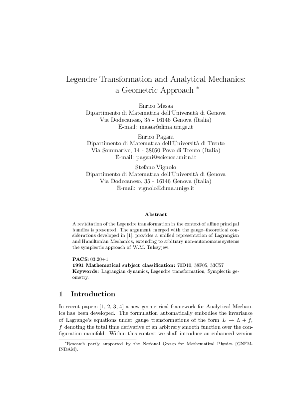 (PDF) Legendre transformation and analytical mechanics: A geometric ...