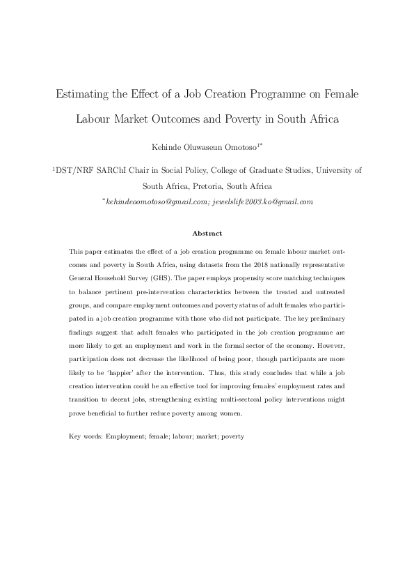 (PDF) Estimating the Effect of a Job Creation Programme on Female ...