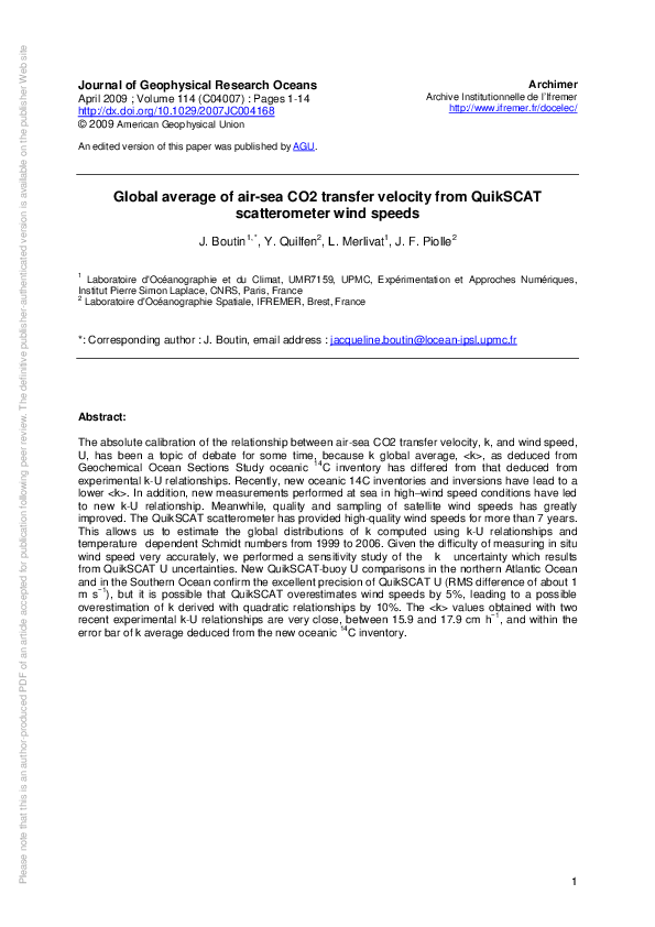 (PDF) Global average of air‐sea CO2transfer velocity from QuikSCAT ...