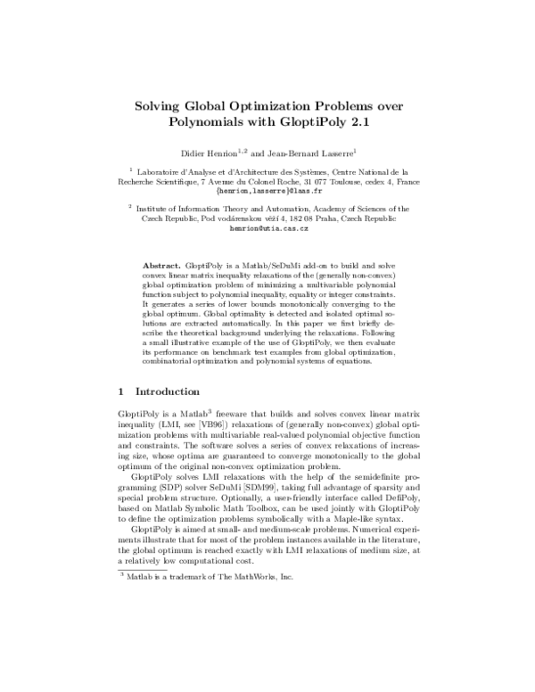 (PDF) Solving Global Optimization Problems over Polynomials with GloptiPoly 2.1
