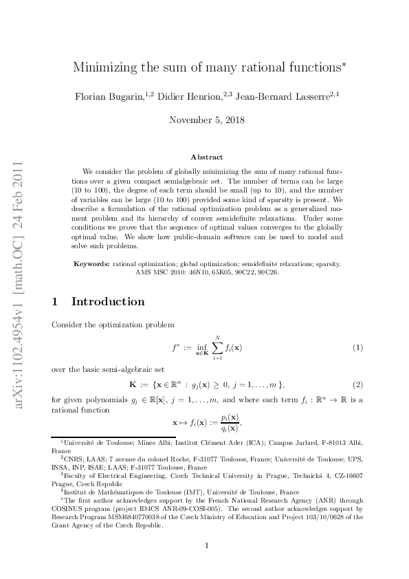 Pdf Minimizing The Sum Of Many Rational Functions Jean B Lasserre