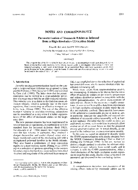 Pdf Parameterization Of Mesoscale Eddies As Inferred From A High