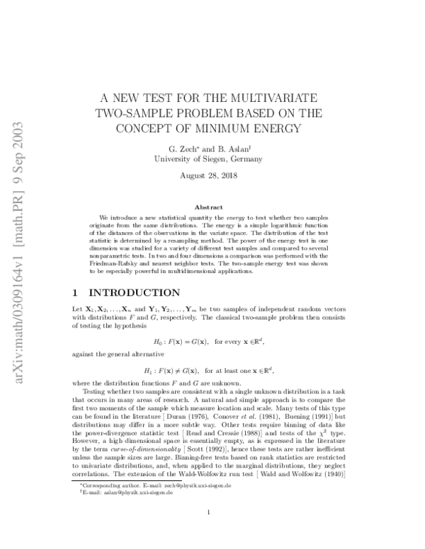 Pdf New Test For The Multivariate Two Sample Problem Based On The 0091