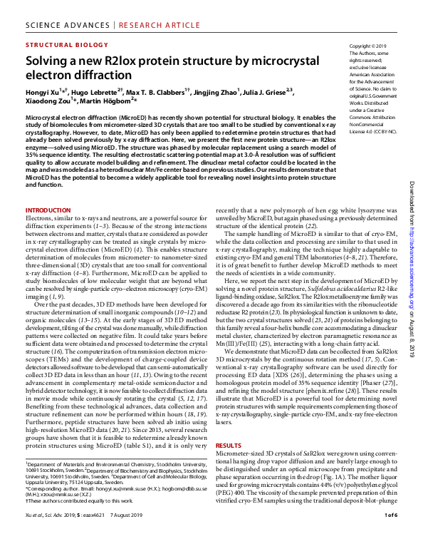 (PDF) Solving a new R2lox protein structure by microcrystal electron diffraction | Xiaodong Zou ...