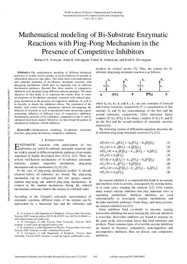 Mathematical Modeling Of Bi-Substrate Enzymatic Reactions With Ping ...