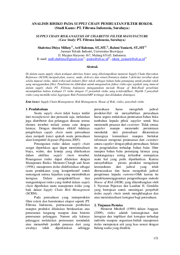 (PDF) ANALISIS RISIKO PADA SUPPLY CHAIN PEMBUATAN FILTER ROKOK (Studi ...