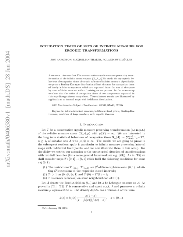 (PDF) Zweimüller: Occupation times of sets of infinite measure for ...