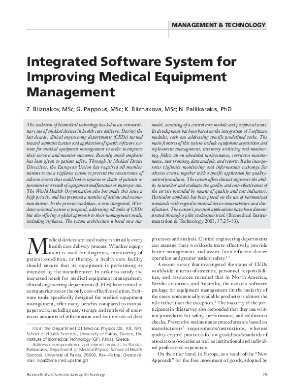 (PDF) Integrated Software System for Improving Medical Equipment Management