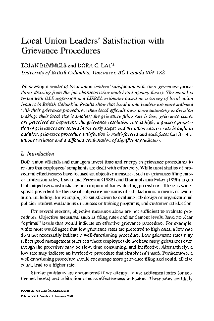 (PDF) Local union leaders’ satisfaction with grievance procedures