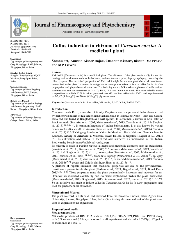 (PDF) Callus induction in rhizome of Curcuma caesia: A medicinal plant