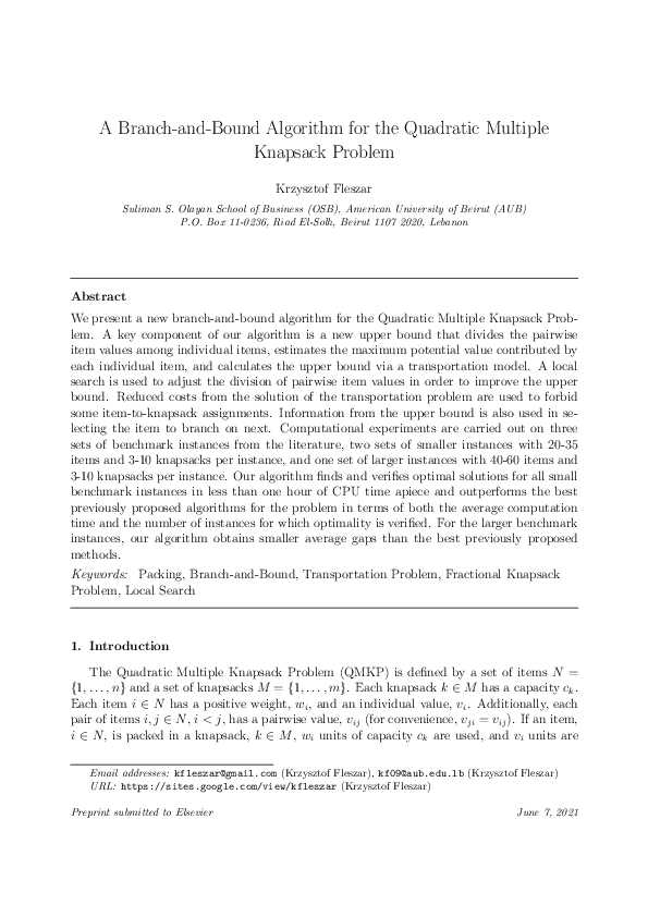 (PDF) A Branch-and-Bound Algorithm for the Quadratic Multiple Knapsack Problem
