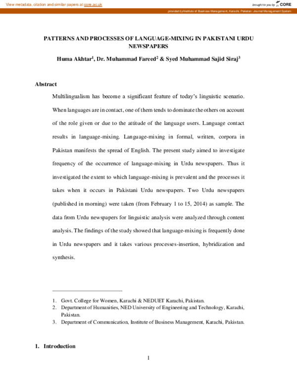 (PDF) Patterns and Processes of Language-Mixing in Pakistani Urdu ...