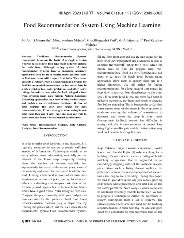 (PDF) Food Recommendation System Using Machine Learning