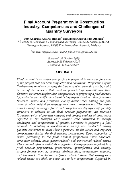 (PDF) Final Account Preparation in Construction Industry: Competencies and Challenges of ...