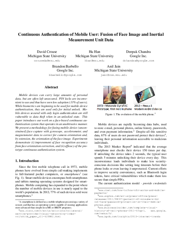 (PDF) Continuous authentication of mobile user: Fusion of face image and inertial Measurement ...