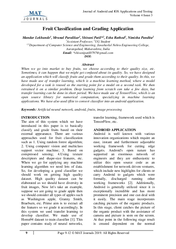 (PDF) Fruit Classification and Grading Application