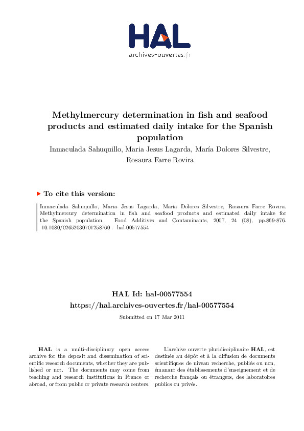(PDF) Methylmercury determination in fish and seafood products and ... (PDF) Methylmercury determination in fish and seafood products and ...