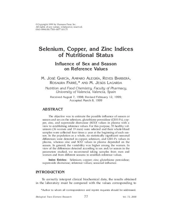 (PDF) Selenium, Copper, and Zinc Indices of Nutritional Status : Influence of Sex and Season on ...
