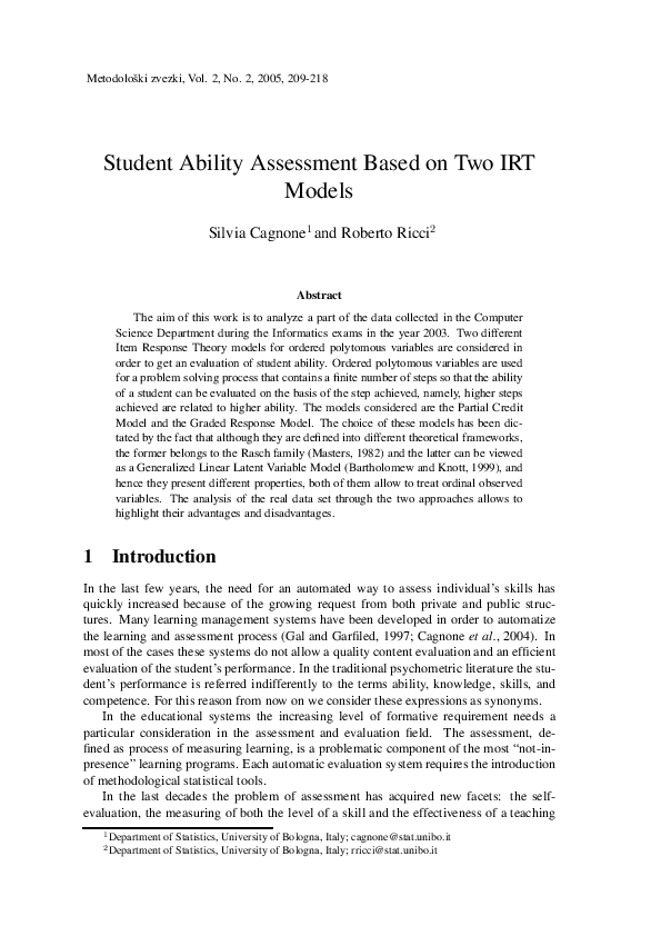 (PDF) Student ability assessment based on two IRT models | Silvia ...