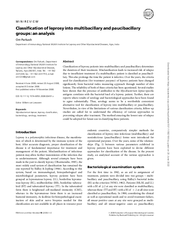 (PDF) Classification of leprosy into multibacillary and paucibacillary ...