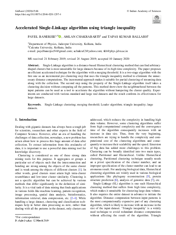 Pdf Accelerated Single Linkage Algorithm Using Triangle Inequality Payel Banerjee